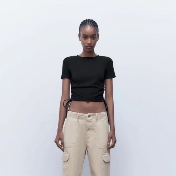 Zara | Tops | Zara Ruched Ribbed Shirt Black | Poshmark